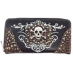 Texas West Rhinestone Embroidered Metal Skull Leather Womens Concealed Carry Handbag With Matching Wallet 6 colors (Black)