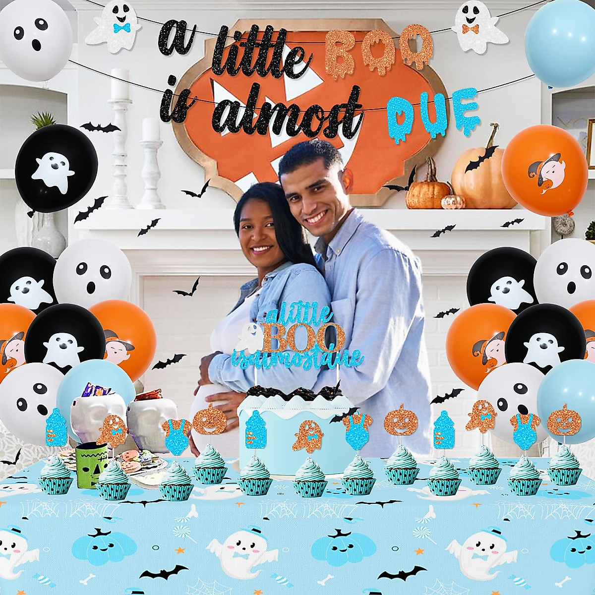 Balterever A Little Boo is Almost Due Baby Shower Decor Blue Orange Halloween Baby Shower Decors for Boys with Halloween Baby Shower Backdrop Cake Topper Spider Wall Sticker for Little Boo Party Decor