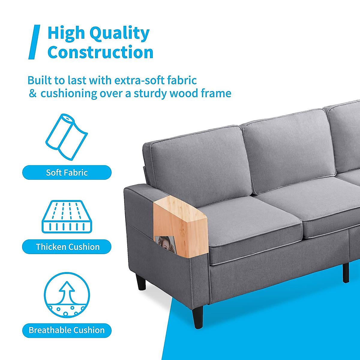 Mjkone 78“ Sectional Sofa Couch for Living Room | Convertible Linen Sofa Chaise with Reversible Storage Ottoman | Modern Modular Sofa with 2 Side Pockets | Small Sofa for Small Places (Light Grey)