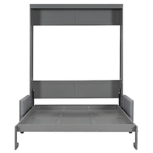LZ LEISURE ZONE Queen Size Murphy Bed, Wooden Queen Murphy Bed with Cushion, Wall Bed with Sofa for Home Office or Small Room, Gray