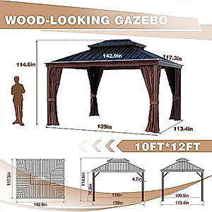 MUPATER 10' x 12' Gazebo, Wooden Finish Coated Aluminum Frame, with Double Galvanized Steel Hardtop Roof, Netting and Curtains for Garden, Patio, Lawn and Parties