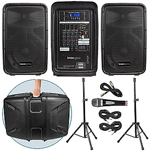Knox Gear Dual Speaker and Mixer Set–Portable 8” 300 Watt DJ PA System with Wired Microphone & Tripod Stands, Amplifier, Bluetooth, USB, SD, 1/4” Line RCA, XLR Inputs, Ideal for a party or event