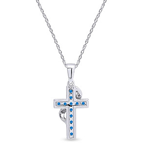 AFFY Round Simulated Blue Topaz Personalized Name Engraved Cross Pendant Necklace in 14k White Gold Over Sterling Silver 18" Chain