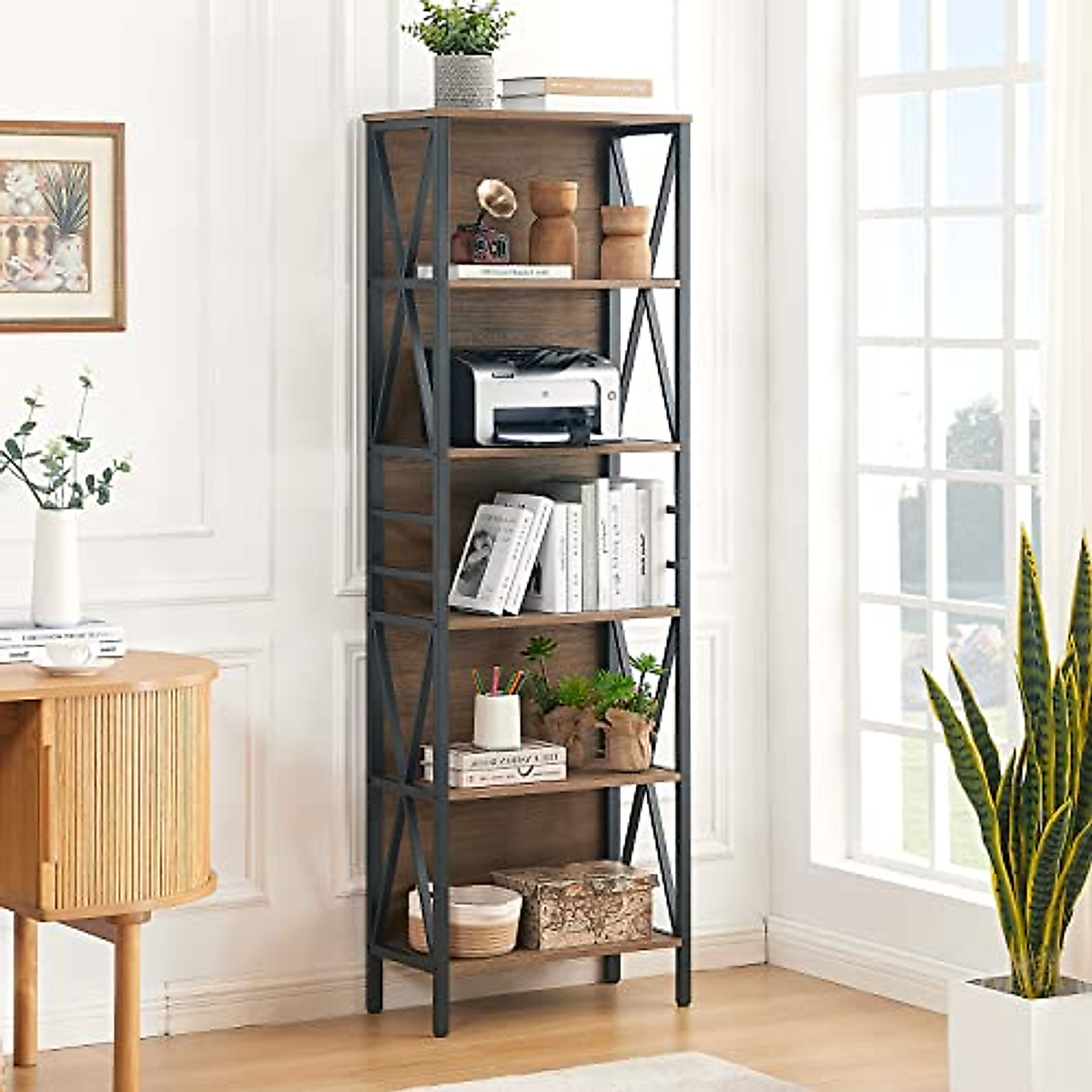 HOMISSUE Bookcase,6-Tier Tall Bookshelf Indstrial Bookshelves with Cabinet, Free Standing Modern Bookcase for Home Office Living Room and Bedroom,Vintage Brown