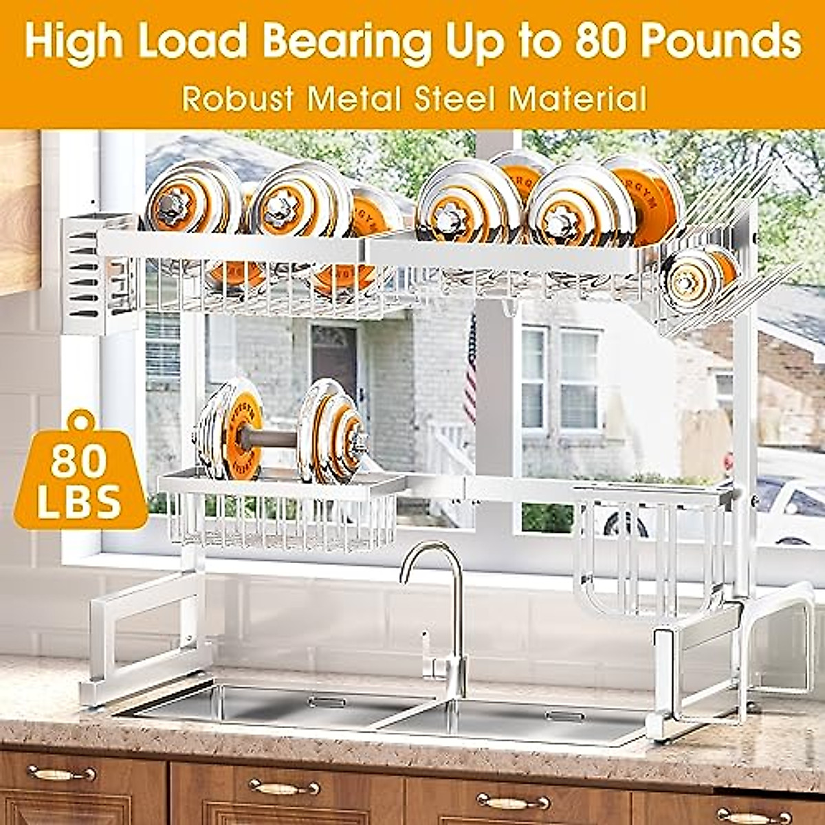 Over The Sink Dish Drying Rack, Adjustable (26.8" to 34.6") Large Dish Drying Rack for Kitchen Counter with Multiple Baskets Utensil Sponge Holder Sink Caddy, 2 Tier White