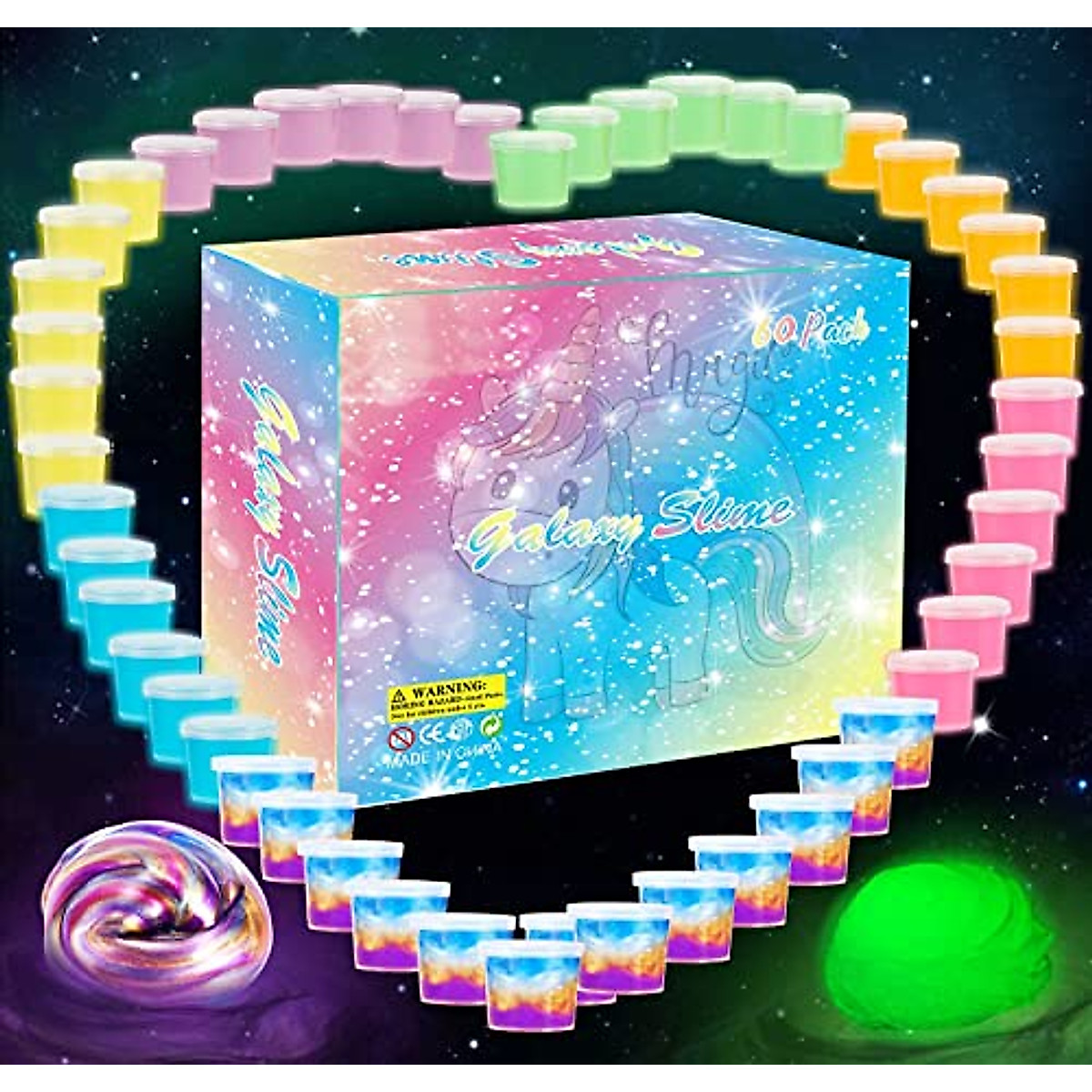60 Pack Galaxy Slime Pack, Including Glow in The Dark Slime 30 Pack and Galaxy Slime 30 Pack, Super Soft and Stretchy Slime Toy for Any Child Favor, Birthday, Classroom Prizes, Goodies Bag Stuffer