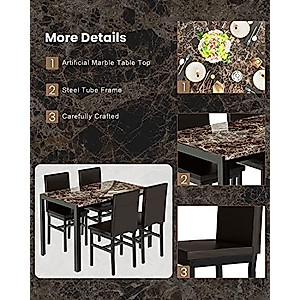 Dining Table Set for 4, Furniture 5 Piece Faux Marble Dining Set, 4 Faux Leather Metal Frame Chairs, Dinette, Compact Space w/Artificial Marble for Small Spaces, Dining Room, Kitchen