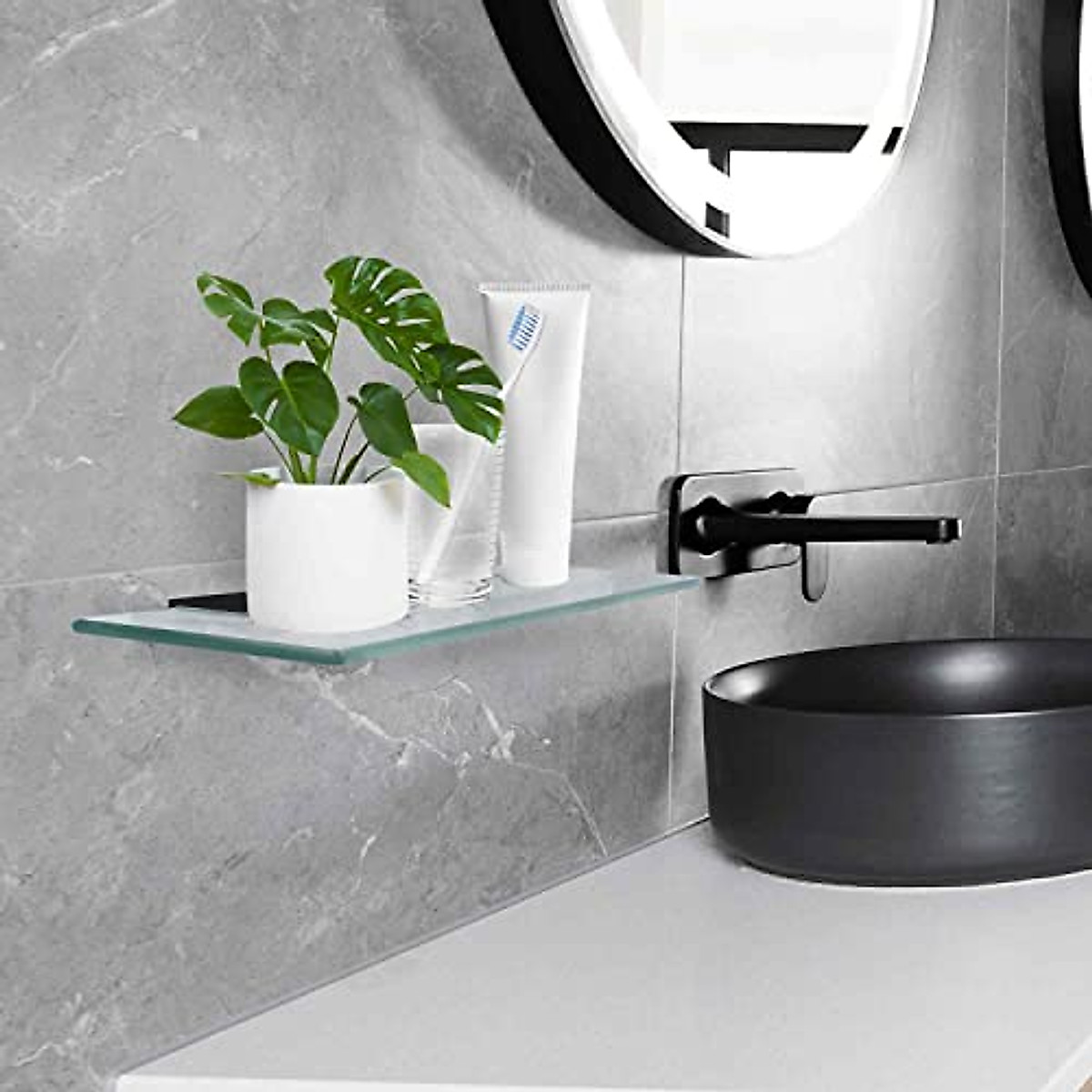 Bathroom Shelves Tempered 15 Inch Glass Floating Shelf Shower Storage Wall Mount Rectangular, Black