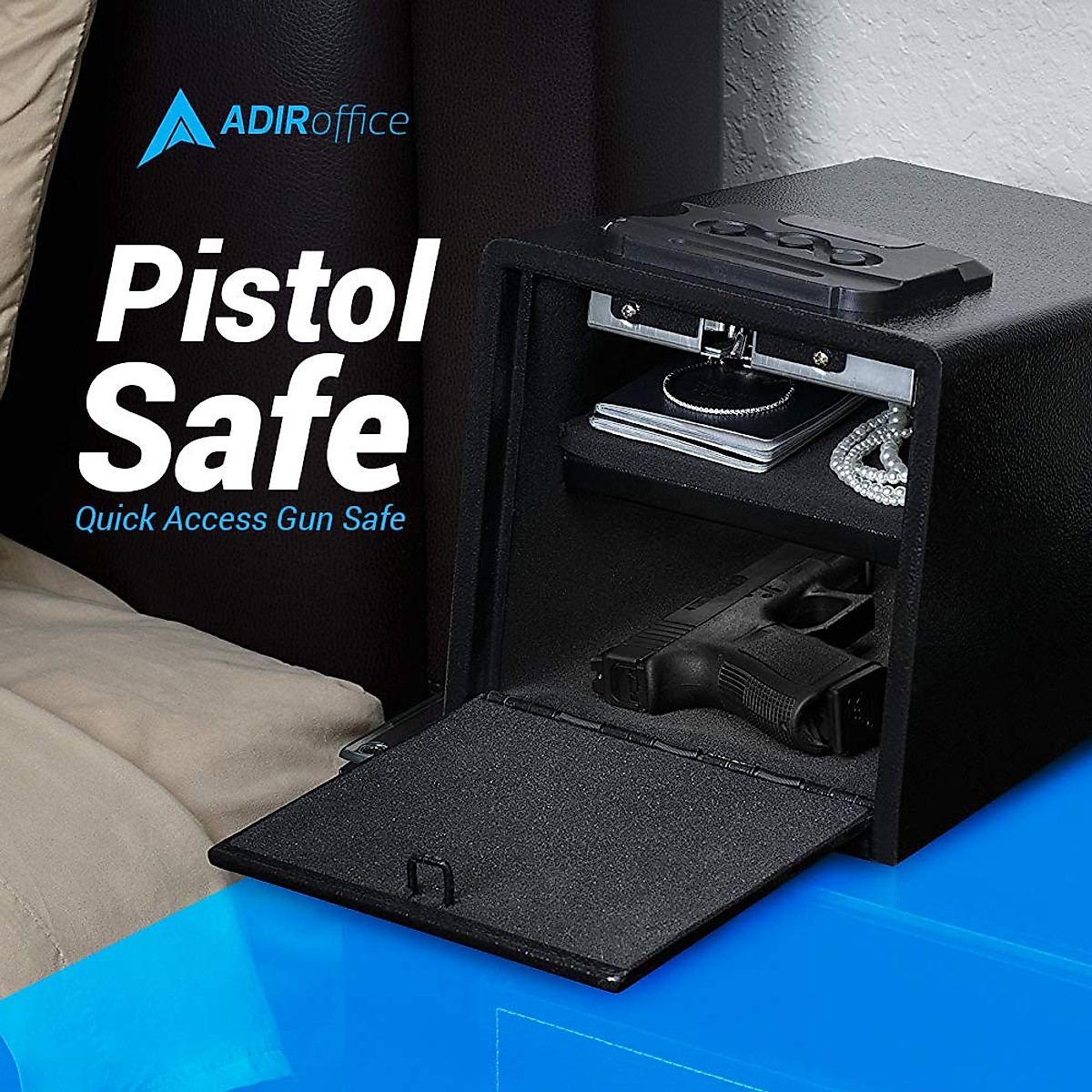 AdirOffice Pistol Safe - Electronic, Easy to Install, Heavy Duty Storage for Firearms Cash Jewelry Documents & More - For Home Office Hotel Use (Black, Medium)