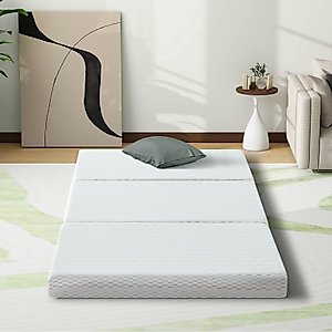 MUUEGM 3 Inch Foldable Mattress Trifold Mattress Folding Bed,Memory Foam Floor Sleeping Mattress,Portable Trifold Toddler Bed Mattress XL Twin Silver Golden