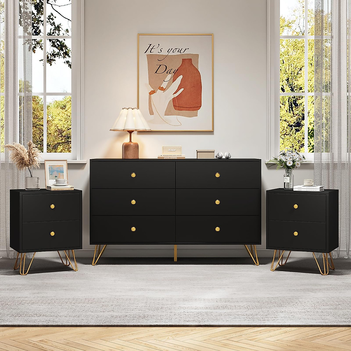 Tradare 6 Drawer Dresser and Night Stand Sets for Bedroom, Two Drawers Nightstand Set of 2 & 6 Drawer Dresser with Gold Handle, Modern Black and Gold Dresser Set
