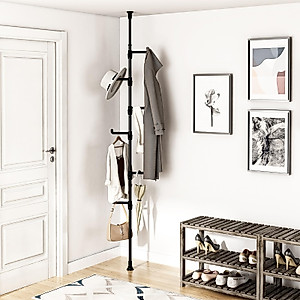 DYN Ptah Adjustable Coat Rack 65" to 116" with 6 Hooks, Freestanding Tension Rod Coat Hanger Floor to Ceiling, Heavy Duty Clothes Rack for Entryway, Living Room, Bedroom, Hanging Clothes, Hats, Bags