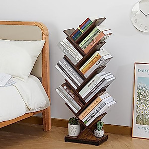 ruboka 8-Shelf Tree Bookshelf, 38.4-Inch Retro Floor Standing Bookcase Display for CDs/Magazine/Books, Small Bookshelf for Bedroom, Living Room, Office,Balcony, Brown Storage Shelves DESK54A