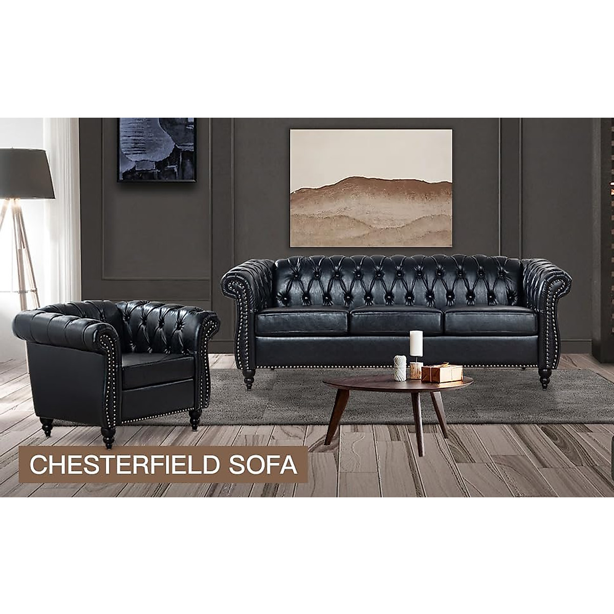 Chesterfield Sofa 2 Piece Set, Modern Black Faux Leather 3 Seater Couches and Sofa Chairs, Upholstered Tufted Button,Scroll Arms and Nailhead Trim, Sectional Sofa Set for Living Room Office Bedroom