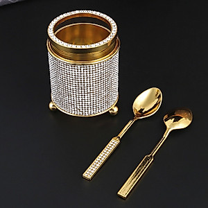 POYHKFD 6Pcs Coffee Spoons Set with Holder, Small Stainless Steel Gold Dessert Spoons Set, Zinc Alloy Gold Dessert Spoons Set, Spoon Organizer for Fruit Stirring Mixing Sugar Ice Cream Cake