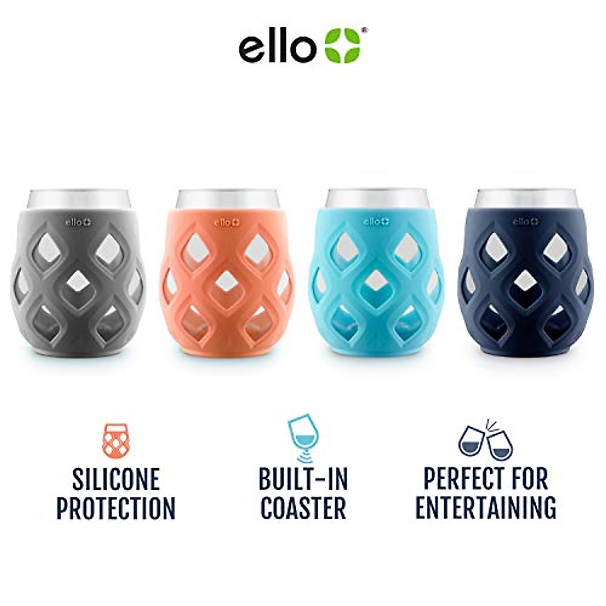 Ello Cru Stemless Glass Wine Set with Protective Silicone Sleeve, Perfect for Gifting, Travel and Entertaining, BPA Free, Dishwasher Safe, Set of 4, Paloma, 17oz