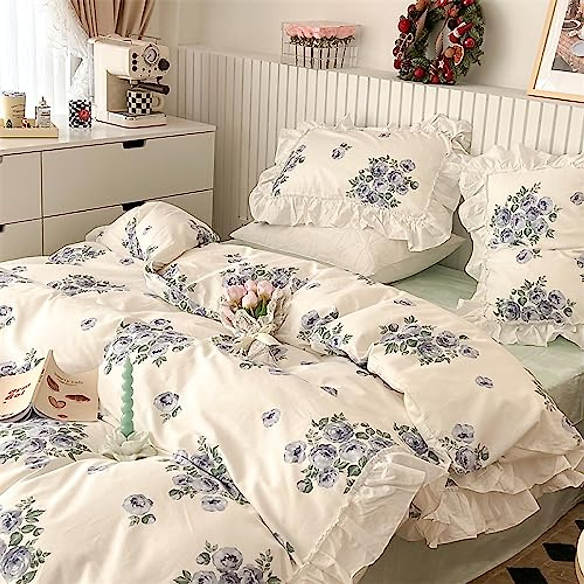 JamChe Lovely Pastoral Style Ink Paint Embroidered Flower Ruffle Lace Bedding 100% Cotton Quilt Cover Sheet Four Piece Set,L,14,Queen 180cm Bed 4pcs