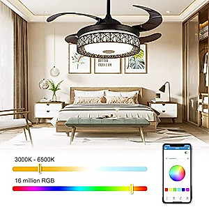 MoreChange 42” Retractable Ceiling Fans with Lights and Remote Control, Invisible Modern Chandelier Fan Lighting with Bluetooth Speaker Play Music 7 Colorful Dimmable Fixture for Bedroom/Living Room