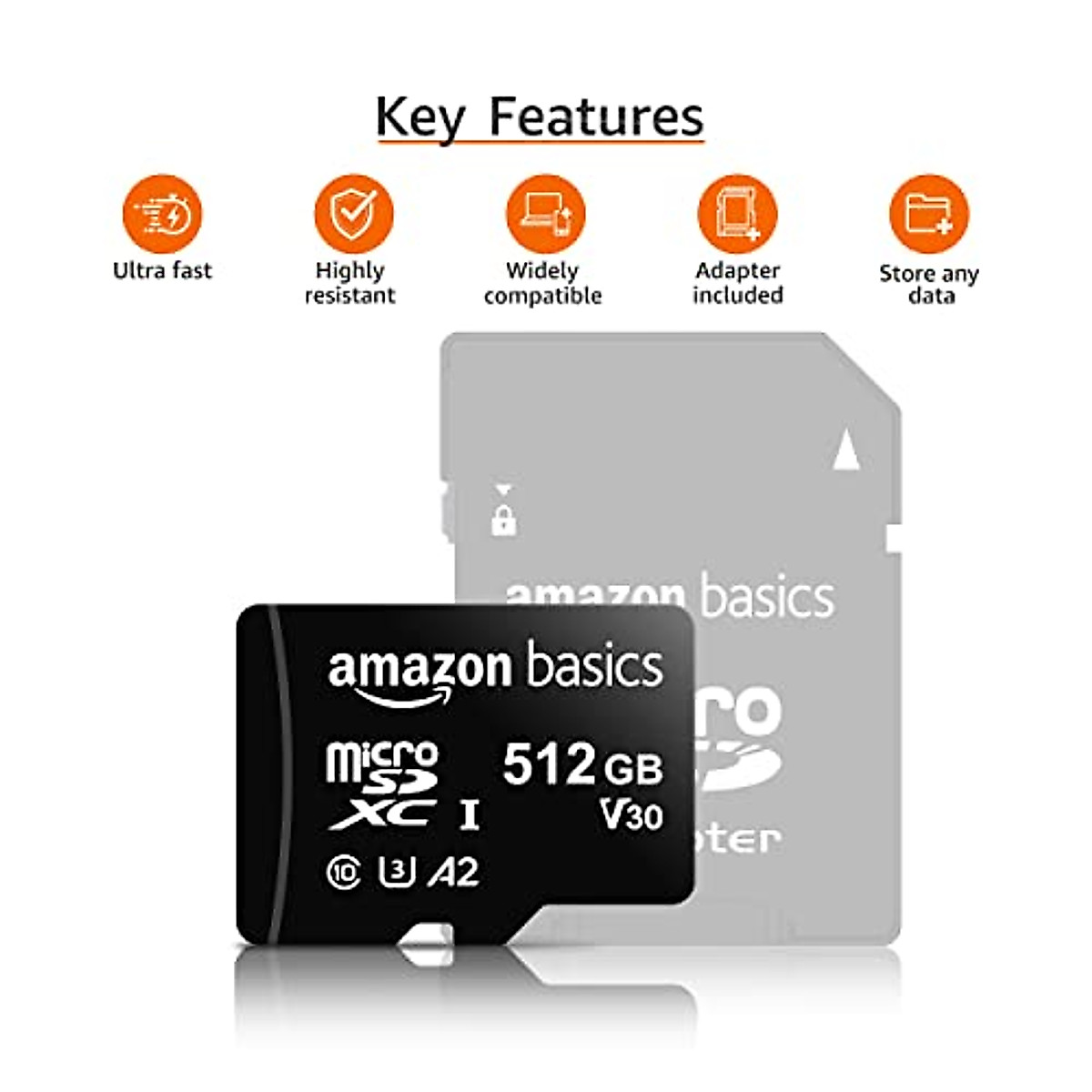 Amazon Basics microSDXC Memory Card with Full Size Adapter, A2, U3, Read Speed up to 100 MB/s, 512 GB