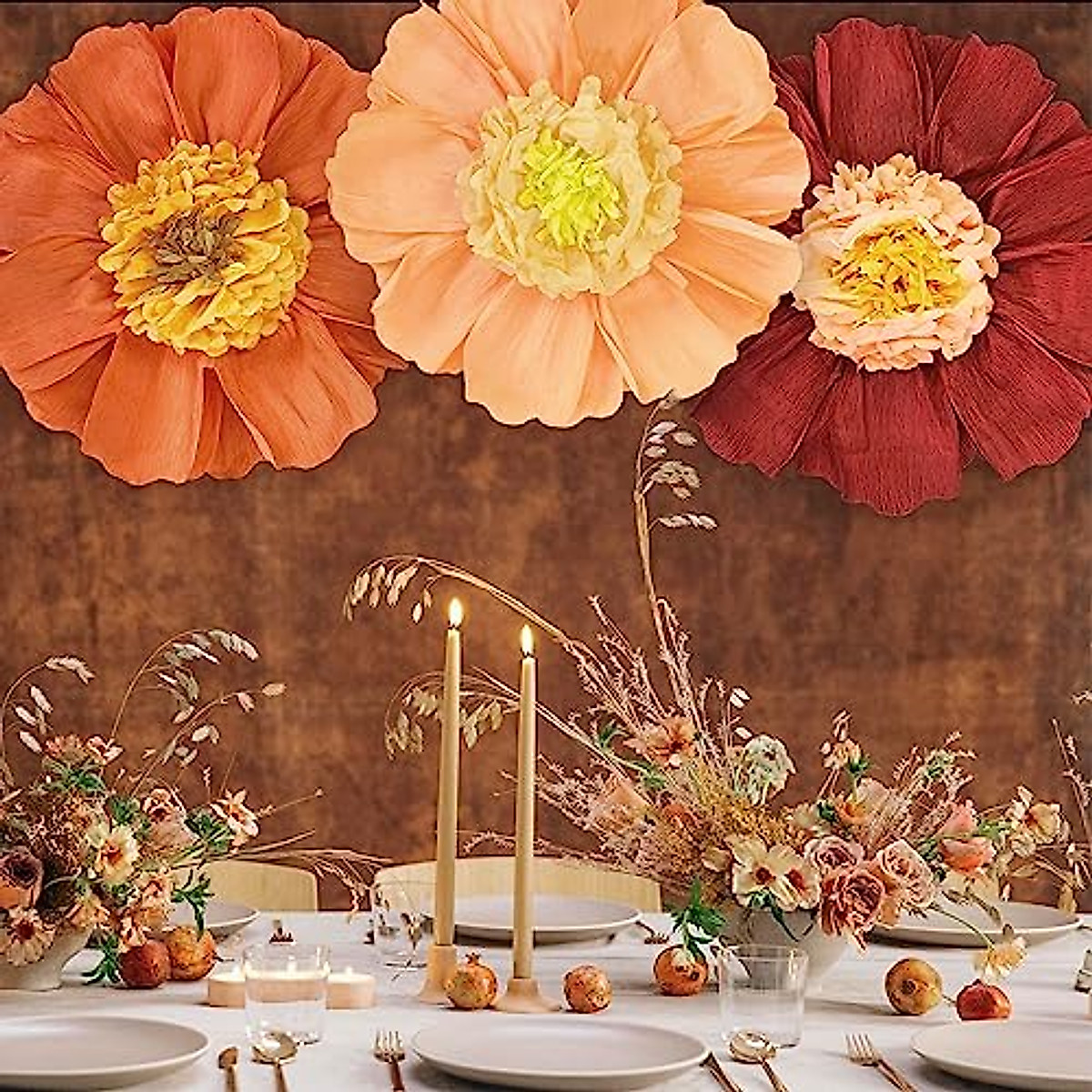 NICROHOME Wedding Decorations, Large Burnt Orange and Brown Giant Crepe Paper Flowers Pom Pom Decorations for Rustic Boho Bridal Shower Cutie Baby Shower Thanksgiving Party Wall Decorations