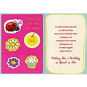 Designer Greetings Ladybug Closeup and Smiling Flowers and Sun Juvenile : Kids Birthday Card and Stickers for Young Niece