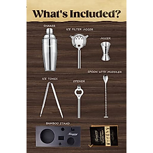 KITESSENSU 6-Piece Bar Set Cocktail Shaker Set - Mixology Bartender Kit with Stand - Silver Bar Kit for Drink Mixing - Bar Tools: Martini Shaker, Jigger, Strainer, Bar Spoon, Tongs, Opener