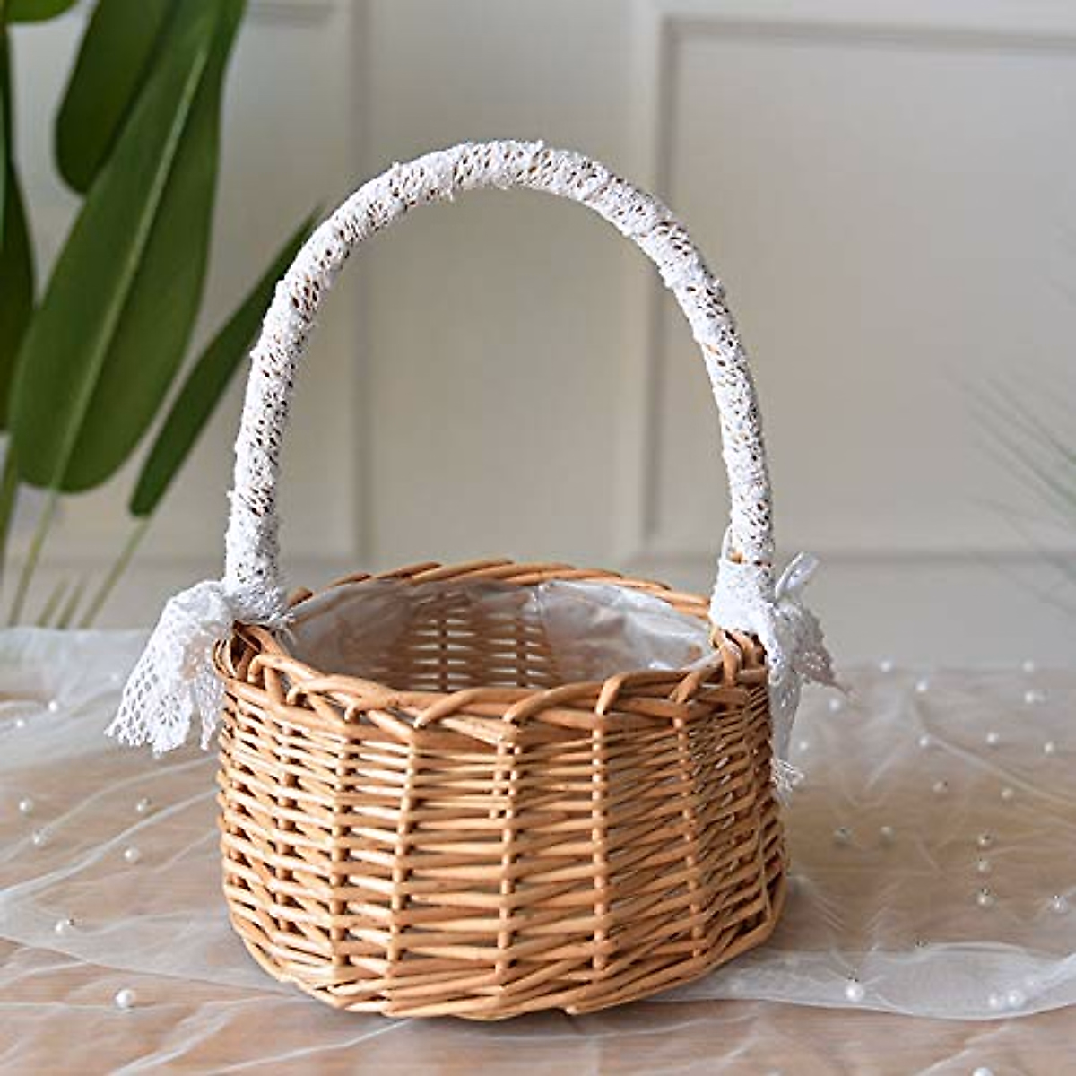 RTWAY Wicker Rattan Flower Basket, Set of 2 Wedding Flower Girl Baskets, Willow Handwoven Basket with Handles and Plastic Insert, Woven Eggs Candy Basket for Home Garden Decor