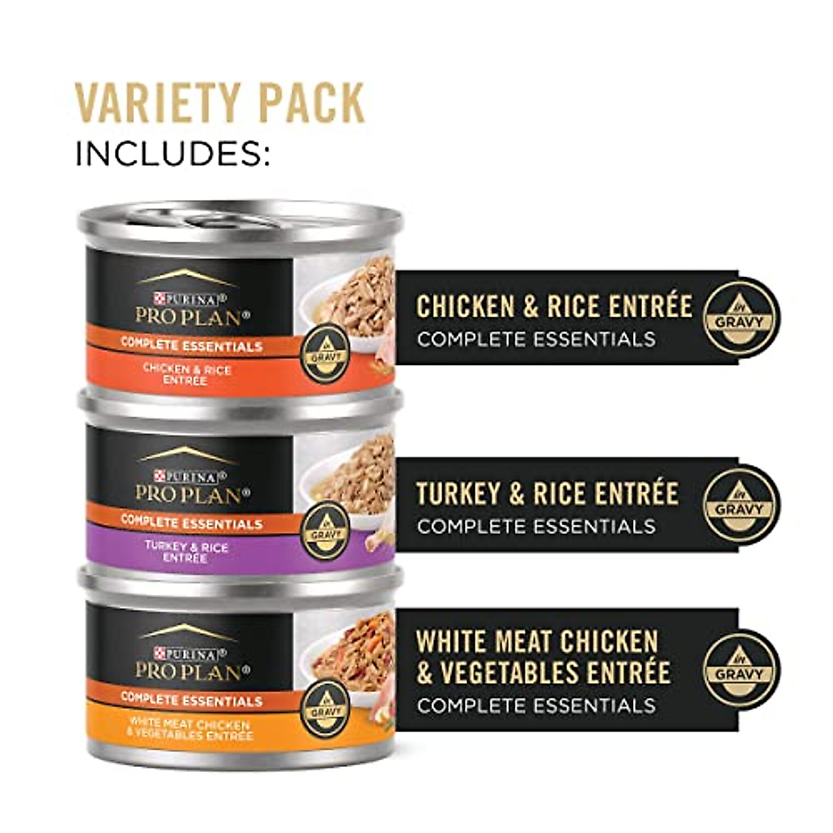 Purina Pro Plan Gravy, High Protein Wet Cat Food Variety Pack, Complete Essentials Chicken and Turkey Favorites - (24) 3 oz. Cans
