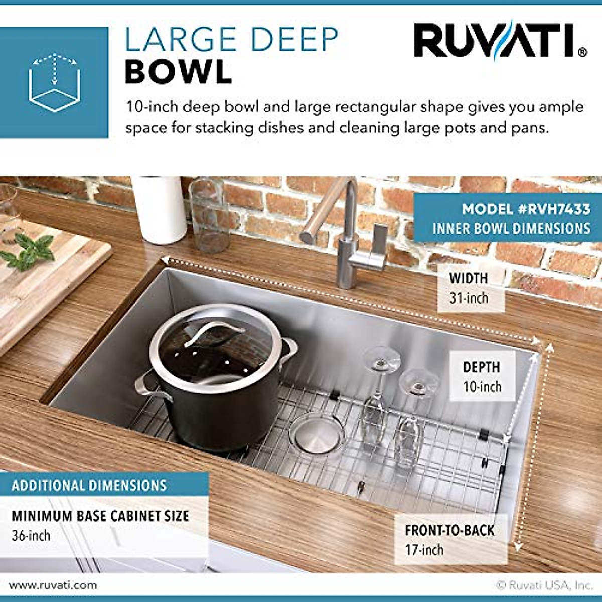 Ruvati 33-inch Undermount 16 Gauge Tight Radius Large Kitchen Sink Stainless Steel Single Bowl - RVH7433