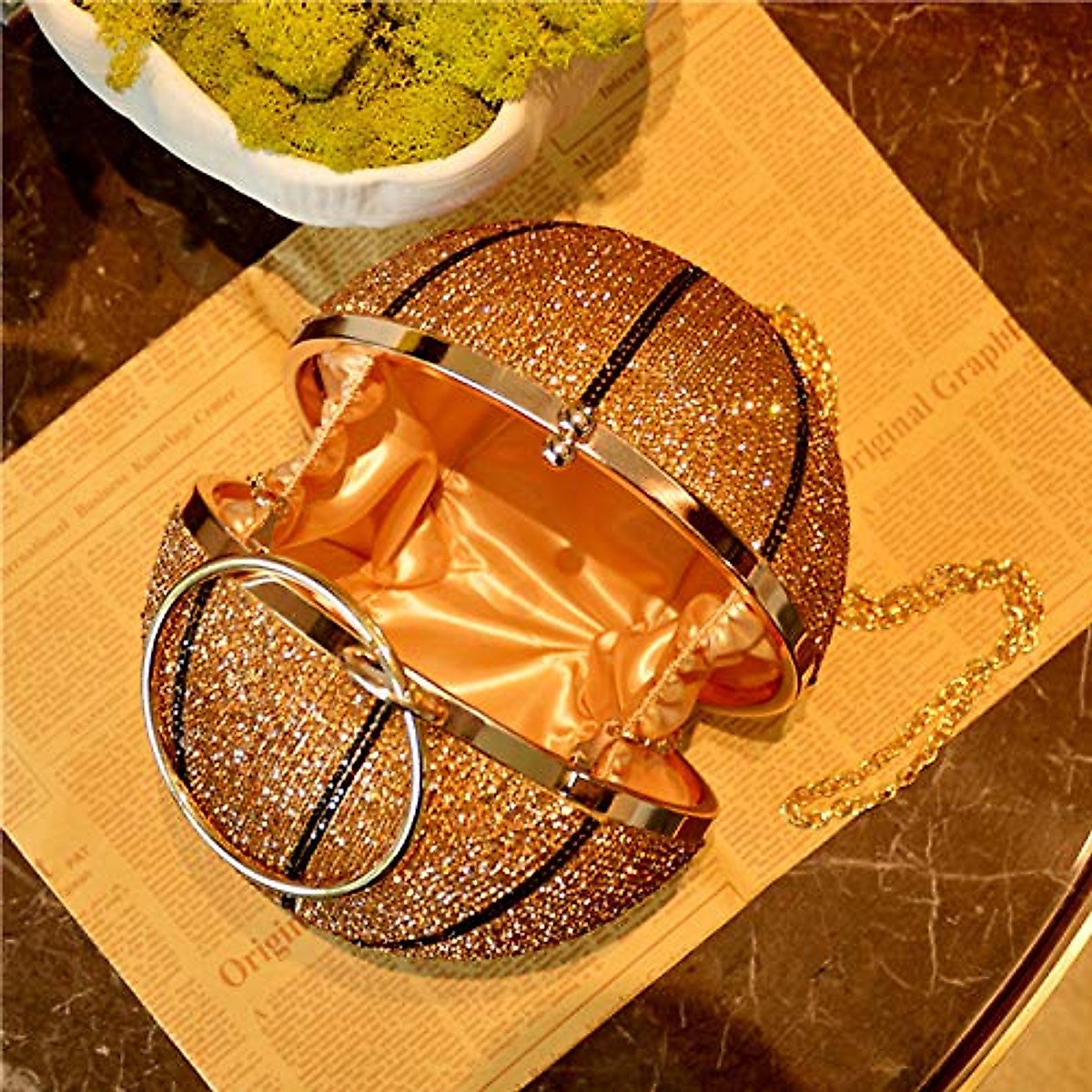 CHBC Rhinestone Basketball Evening Bag Round Wedding Wristlets Handbag Bridal Clutch Purse with Detachable Chain (Brown)