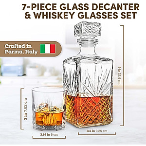Bormioli Rocco Selecta Collection Whiskey Gift Set – Sophisticated Etched 33.75oz Decanter & 6 9.5oz Glass Tumblers With Starburst Detailing – For Whiskey, Bourbon, Scotch & Liquor