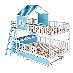 Lepfun Bunk Bed,Full Over Full Size Bunk Bed with Twin Size Trundle Bed, Farmhouse Bed with Storage Box and A Big Drawer for Kidroom,Bedroom and Dorm,Noise Free,No Box Spring Needed,Blue