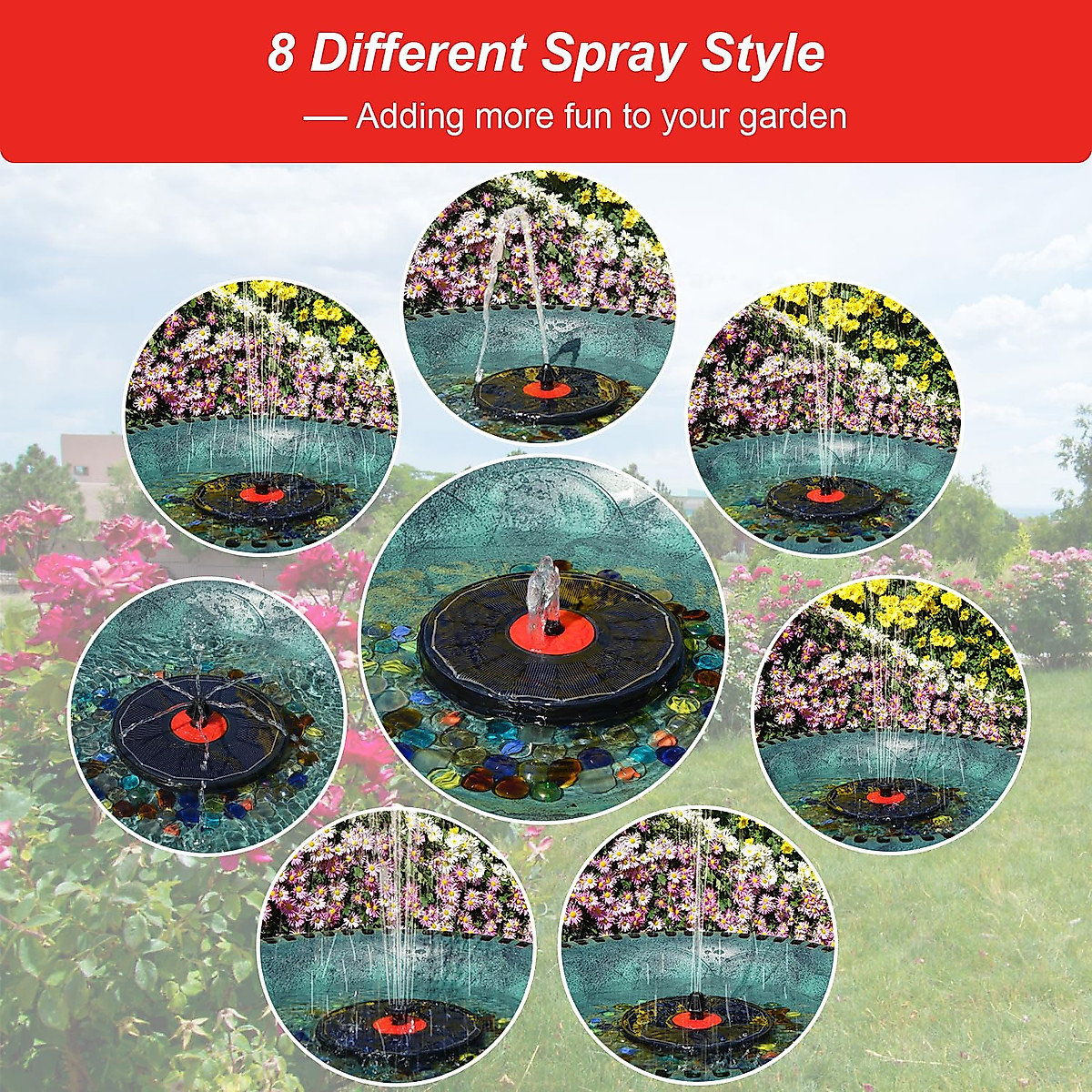 GAIZERL Solar Fountain with Red Flower - Attract Birds - 2024 Upgrade 3.5W Solar Bird Bath Fountains, Solar Powered Water Feature Fountain Pump with 7 Nozzles for Hummingbirds, Garden, Pool, and Pond