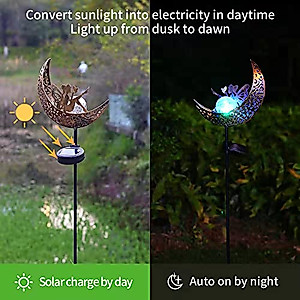 Solar Outdoor Lights Decorative, Solar Powered Garden Light, Moon Crackle Glass Globe Metal Stake Light With Angel, Waterproof Pathway Lights For Walkway Yard Lawn Courtyard Backyard Decoration