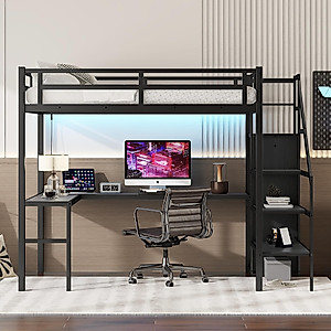 Linique Full Size Gaming Loft Bed with L-Shaped Desk, LED and Charging Station, Metal Loft Bed with Wardrobe and Adjustable Shelf for Kids Teens Adults, Black