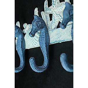 Blue and White Cast Iron Seahorses Decorative Wall Hook Nautical Sea Life Hanging Towel or Coat Rack Beach Home Coastal Accent Decor