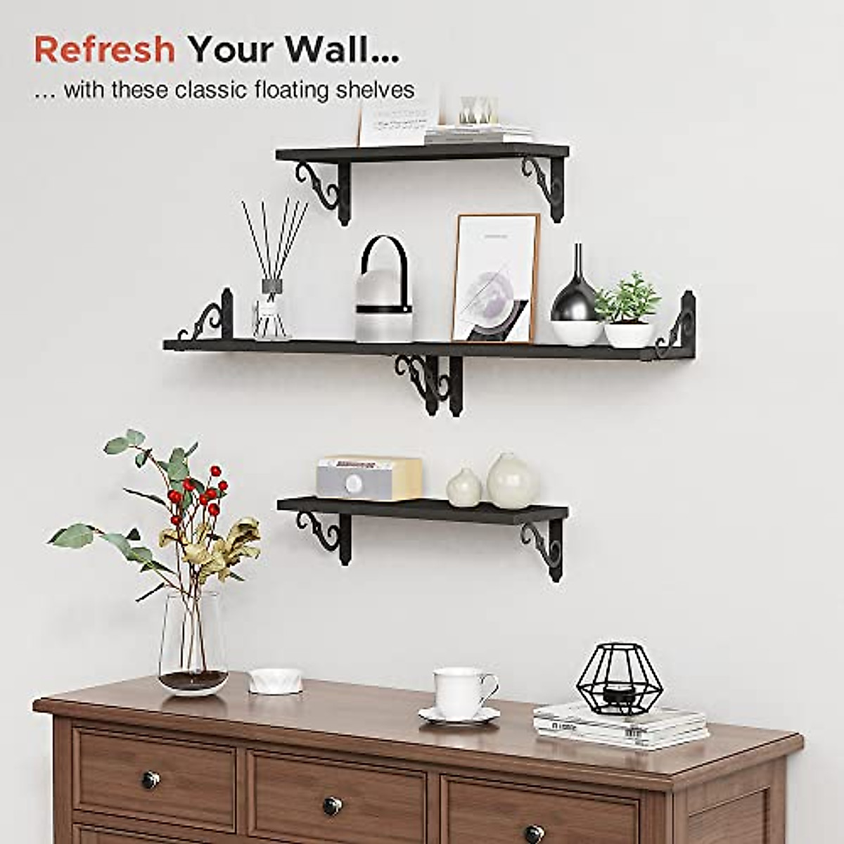 Goozii Black Shelves for Wall Set of 4, Floating Bathroom Shelves Over Toilet Wall Mounted, Wood Decorative Shelves for Bedroom Books, Living Room Decor, Closet Storage (Wide 17 x Deep 6 Inch)