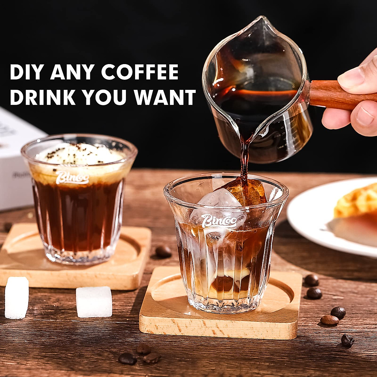 Bincoo Glass Coffee Mug Set 2x90ML, Clear Glass Coffee Mugs with Wooden Coasters, Coffee, Cappuccino, Latte, Espresso Glass Cup Heat Resistant