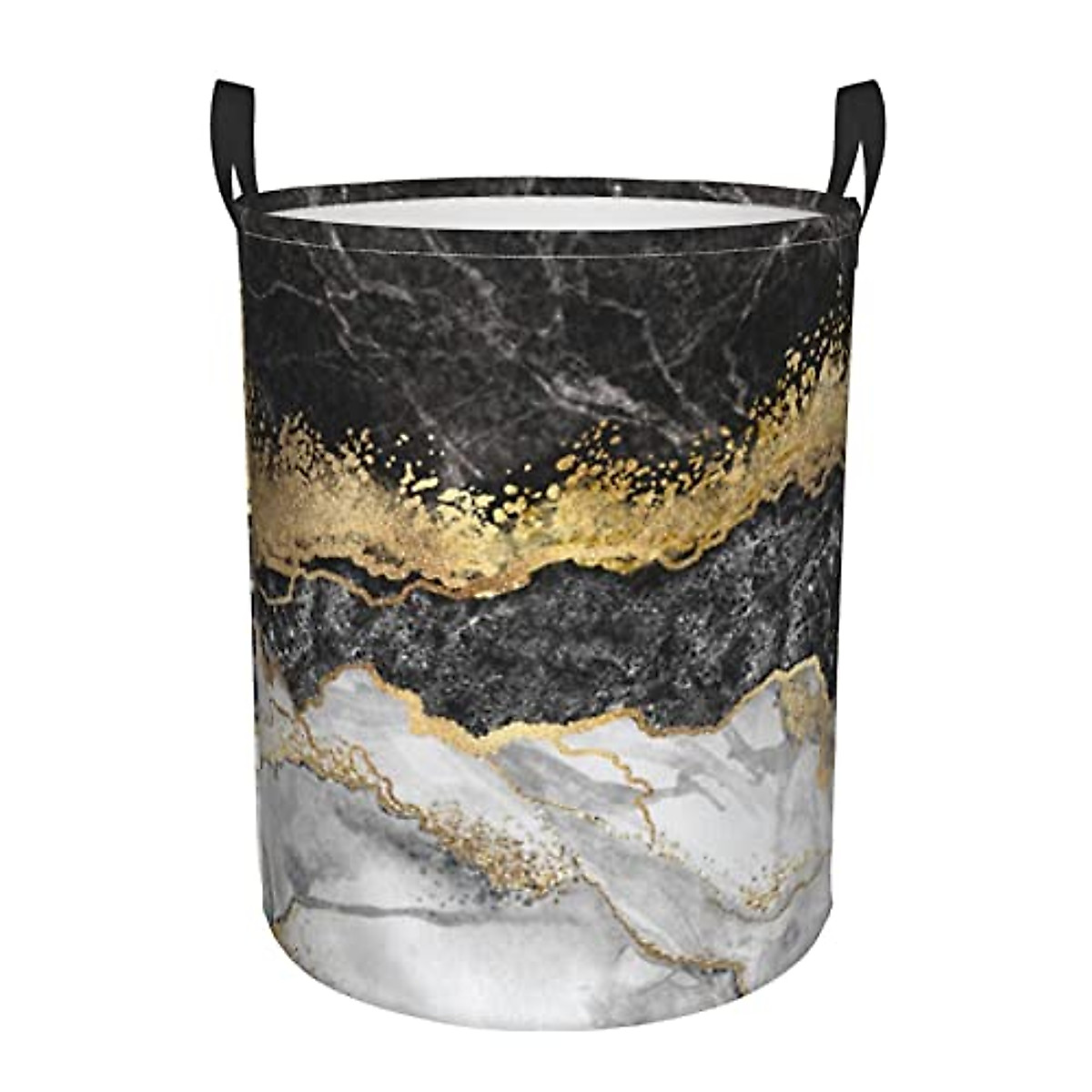 Round Single Black White Gold Foil Marble Dirty Laundry Hamper,Storage Bin Organizer Laundry Hamper Portable Laundry