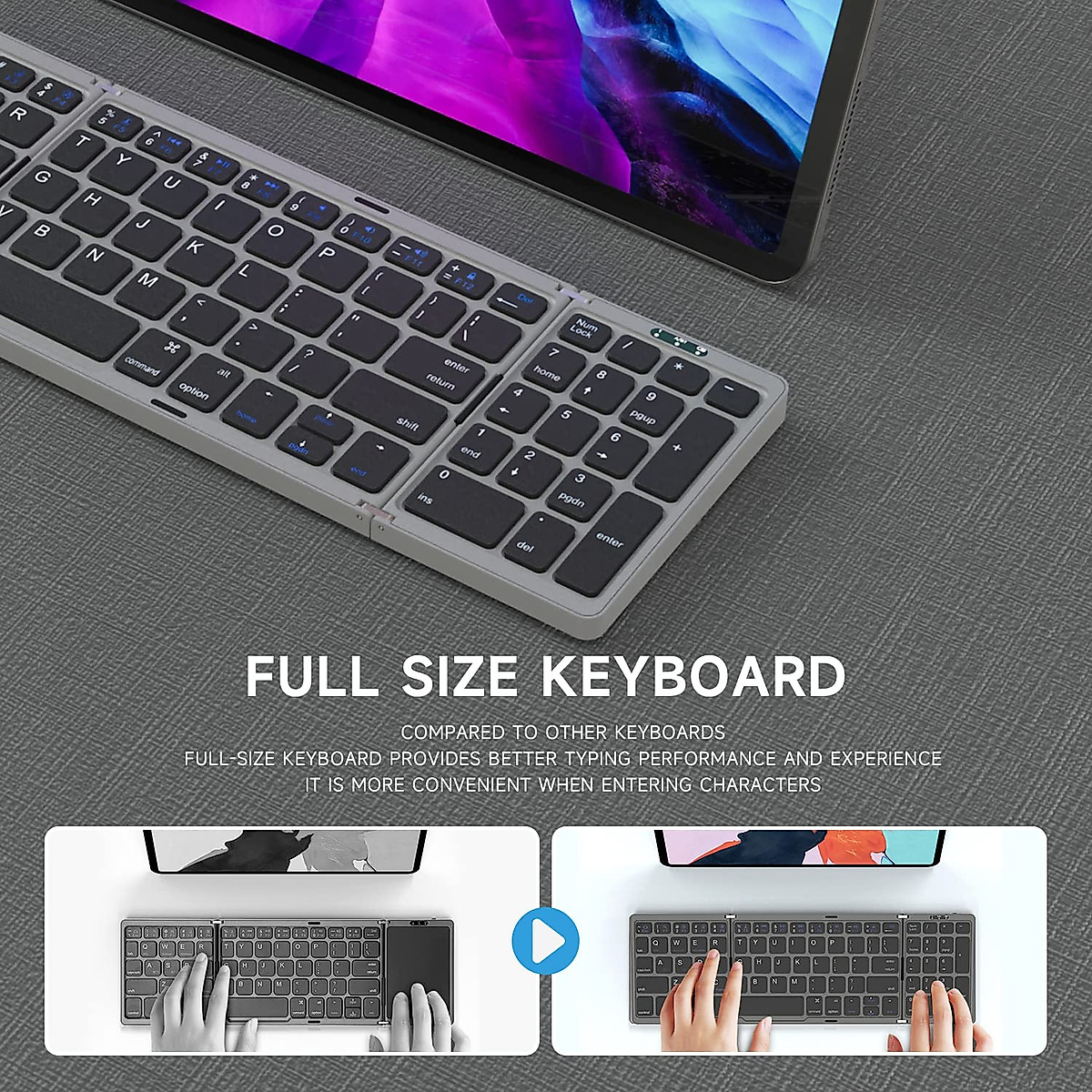 Portable Keyboard for Laptop with Numeric Keypad Foldable Keyboard Bluetooth for Laptop,Rechargeable full Laptop Keyboard Travel Keyboard for Laptop,Tablet,iPad,Phones etc,Up to 90 Days(Gray)