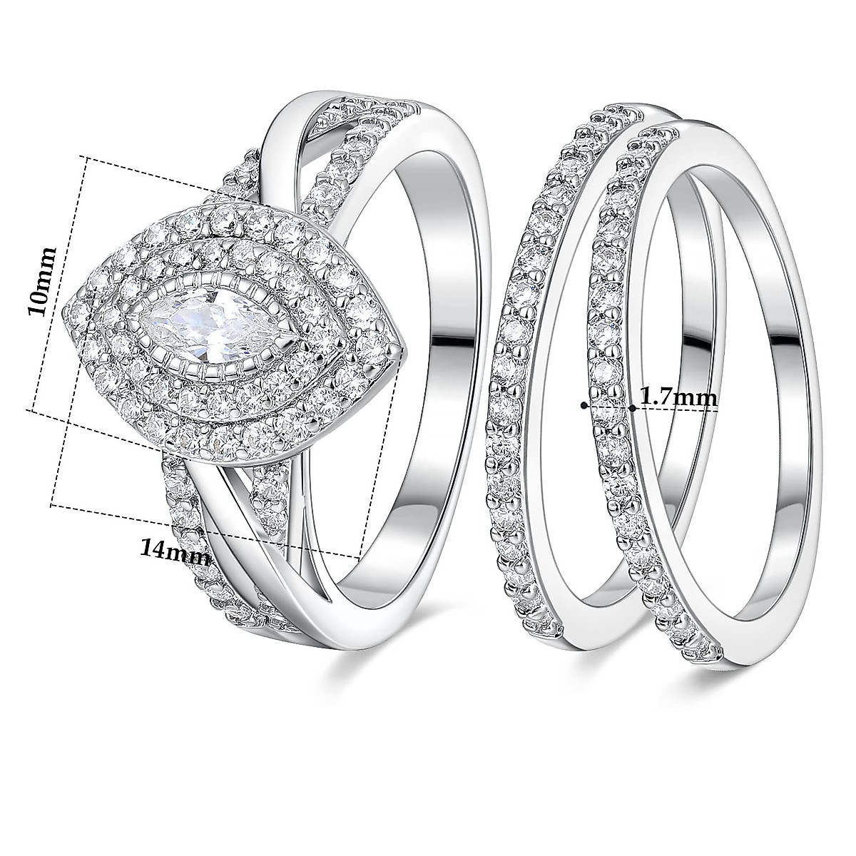 MDFUN Stackable Rings for Women 18K White Gold Plated Three-in-One Marquise Mini Halo CZ Wedding Engagement Promise Eternity Band (6)