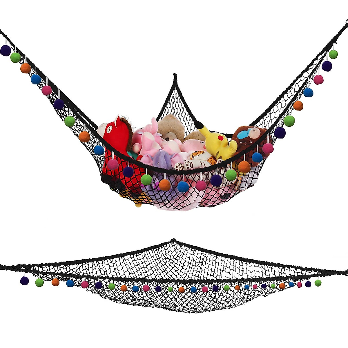 Net for Stuffed Animals, Meirenda Stuffed Animal Hammock or Net Jumbo Stuffed Toy Net Storage Organizer Kids Sling Corner Wall Mesh Toy Hammock for Stuffed Animals with Balls(Black, 70 inch)