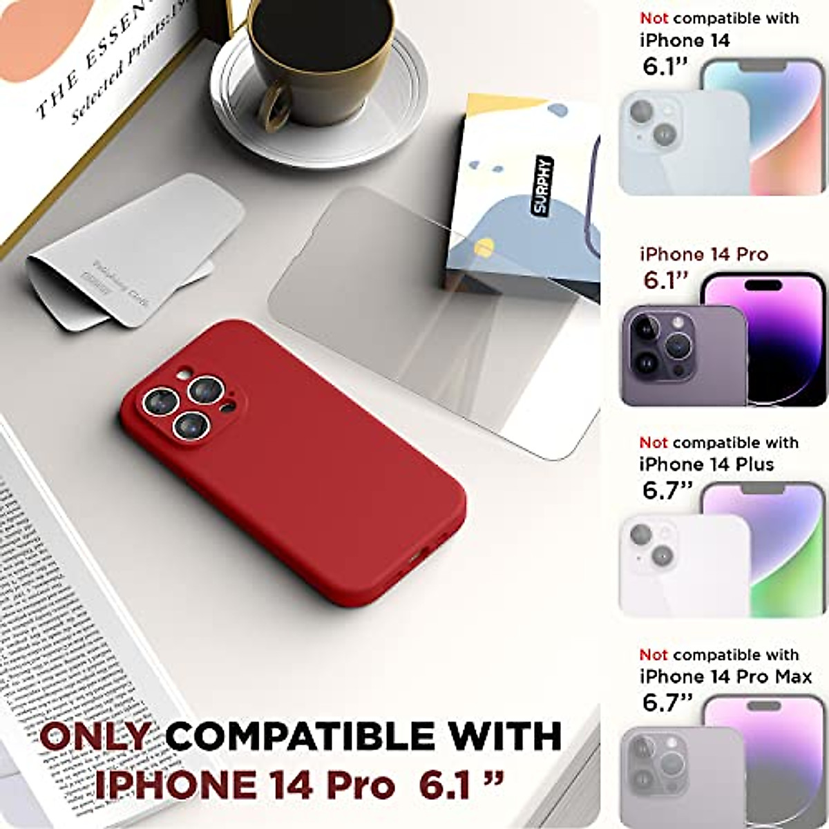 SURPHY Designed for iPhone 14 Pro Case with Screen Protector, (Camera Protection + Soft Microfiber Lining) Liquid Silicone Phone Case, Red