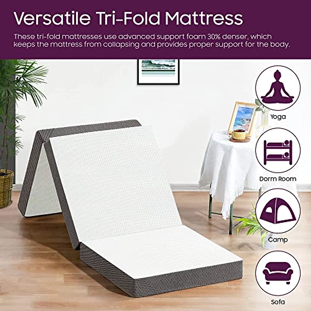 Mayton 4-Inch Portable Tri-Folding Capability Gel Memory Foam Mattress | Breathable Mesh Sides, Ultra Soft, Removable and Washable Cover, Comfortable Support, Cot Pad, Standard Size, 25-Inch, White