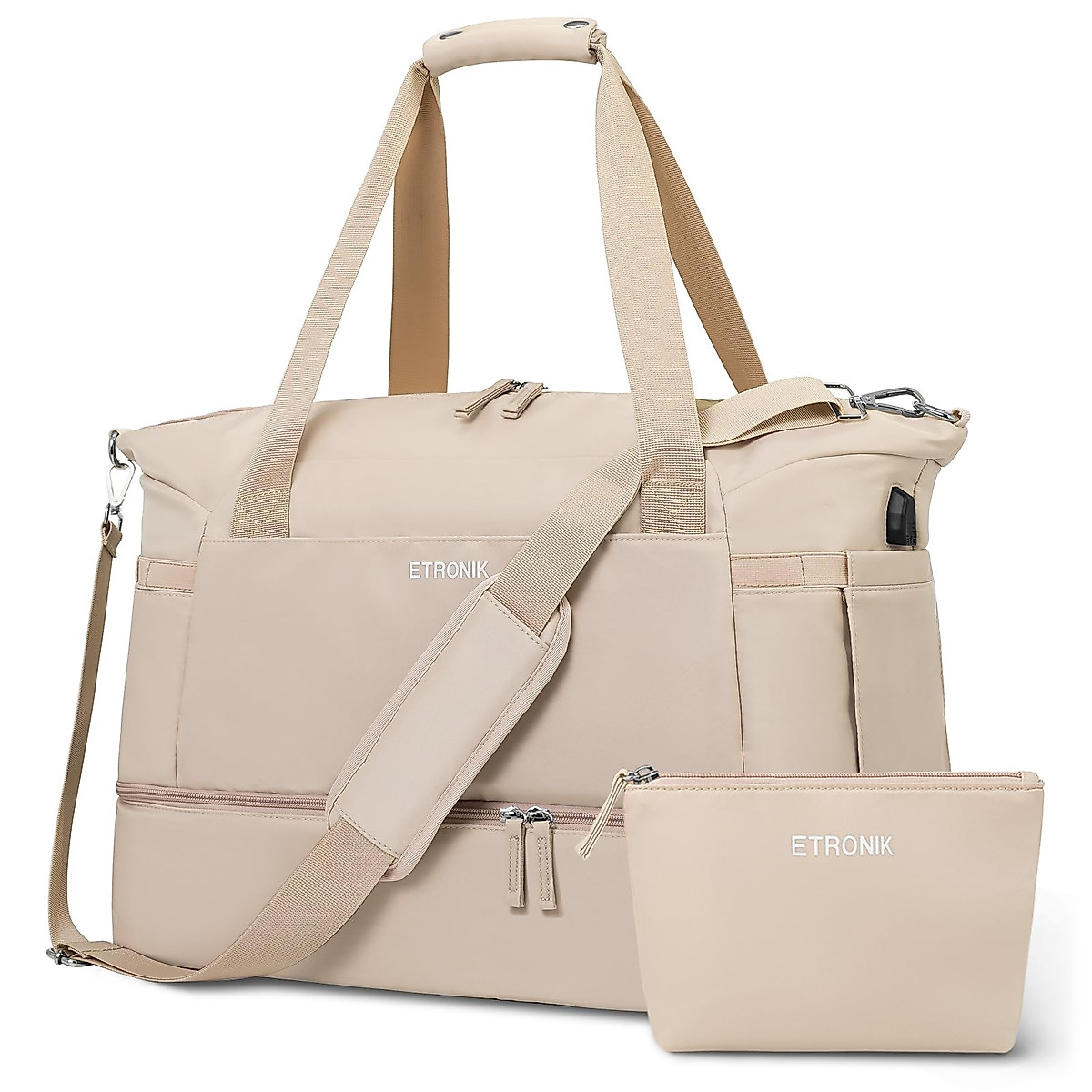 ETRONIK Gym Bag for Women, 55L Travel Duffel Bag with USB Charging Port, Weekender Overnight Bag with Wet Pocket and Shoes Compartment for Women Travel, Large Size (Khaki)