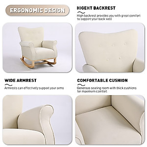 OUYESSIR Rocking Chair for Nursery, Upholstered High-Back Accent Arm Chair, Comfortable Rocker Fabric Padded Seat, Modern Leisure Single Glider Chair for Living Room, Hotel, Bedroom (Beige)
