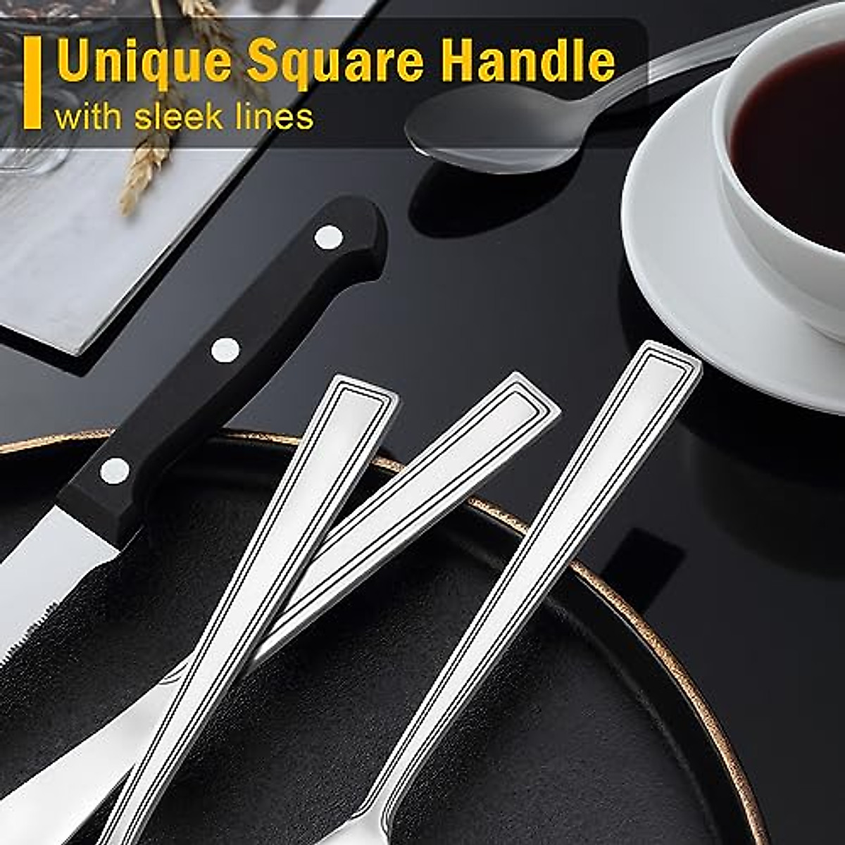 24-Piece Silverware Set with Steak Knives, Funnydin Forks and Spoons Silverware Set for 4, Food-Grade Stainless Steel Flatware Cutlery Set, Utensil Sets for Home Kitchen Restaurant, Dishwasher Safe