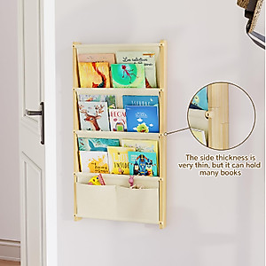 Wood 4-Tier Wall Mounted Kids Bookshelf – Floating Book Shelf For Kids Rooms,Nursery & Classroom, Hanging Bookcase Organizer For Books, Nursery Shelves, Toddler Book Shelf, Montessori Bookshelf
