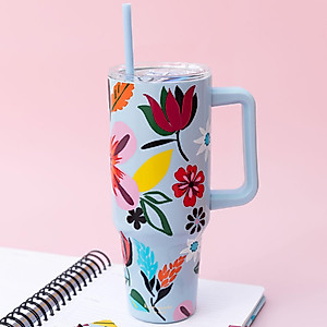 kate spade new york 40 Ounce Tumbler with Handle and Straw, Double Wall Stainless Steel Insulated Cup, Cupholder Friendly 40 oz Cup, Metal Drinking Cup for Hot or Cold Drinks (Safari Floral)