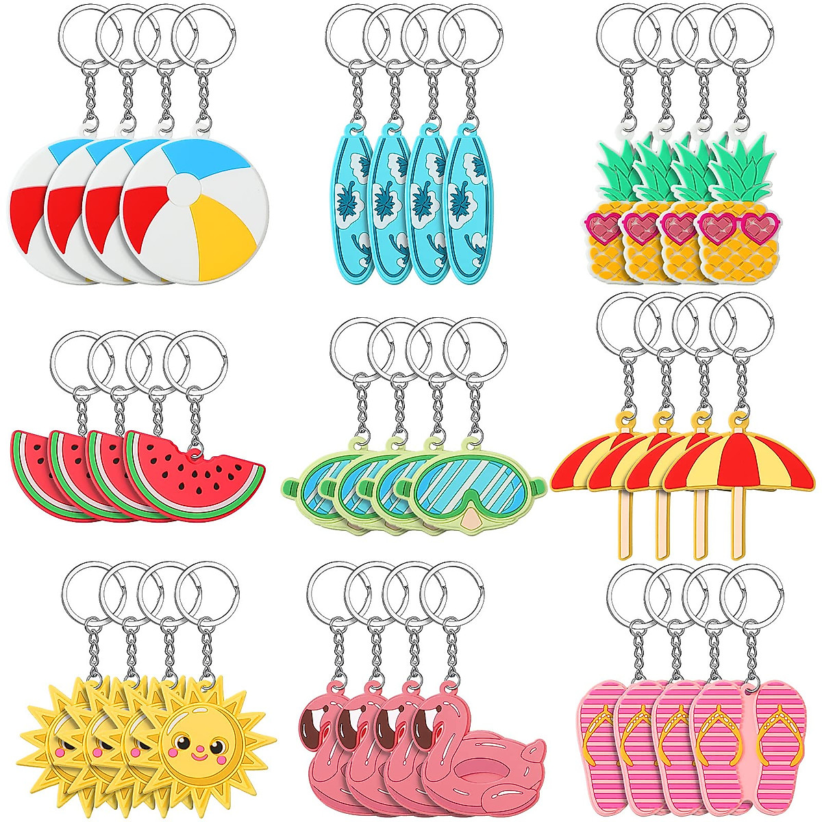 Yinkin 36 Pcs Summer Party Keychains Beach Flamingo Pineapple Turtle Surfboard Keychain for Summer Pool Theme Favor Luau Tropical Hawaiian Sea Party Supplies, 9 Styles(Pool Style)